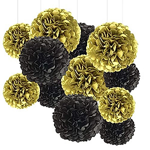 YESON Black and Gold Tissue Paper Pom Poms Hanging Tissue Flowers Poms Decorations Pack of 12 for Wedding, Birthday,Party Backdrop Decor ect. (12", 10",Tissue Paper Flowers)