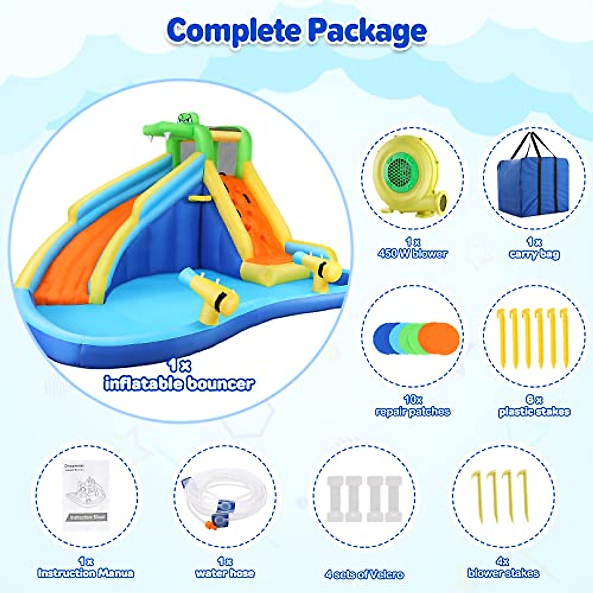 WONFUY Inflatable Water Slide, Kids Pool Slide Bounce House with Blower for Wet and Dry, Climbing, Splash Pool, Water Gun, Basketball Rim, Inflatable Water Park Backyard Waterslide Bouncy Castle