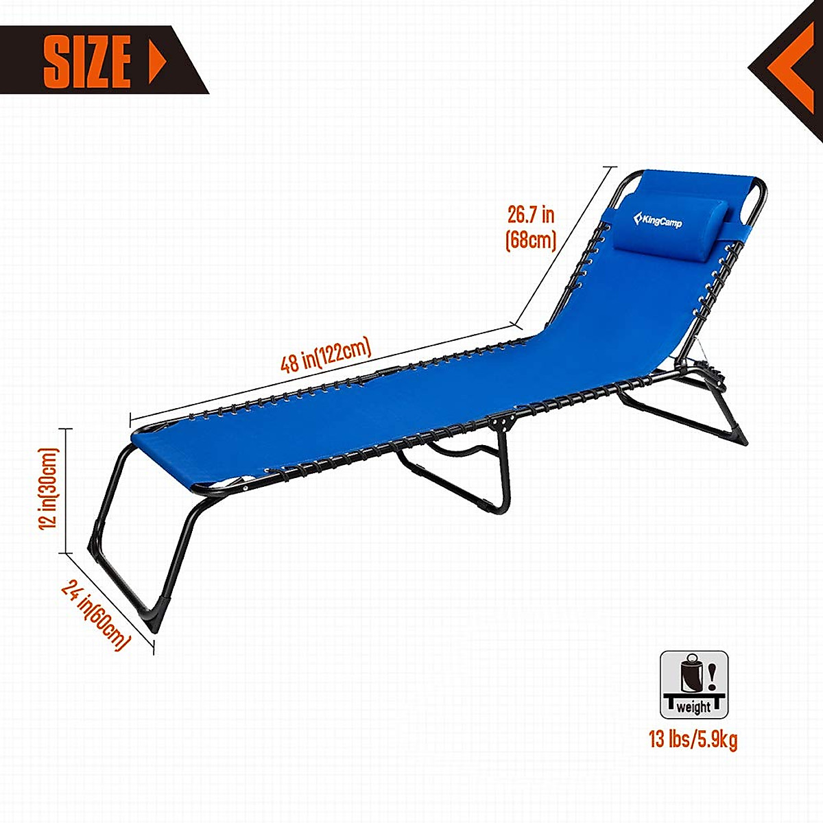 KingCamp Chaise Lounge Removable Pillow 3-Position Adjustable Chair Folding Patio Recliner for Camping Pool Beach Outdoor, Supports 300lbs, Blue, One Size