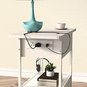 SOOWERY End Table with Charging Station, Narrow Side Table with Flip Top Cabinet and Fabric Drawer, Nightstand Bedside Tables for Small Spaces, Bedroom, Living Room, White