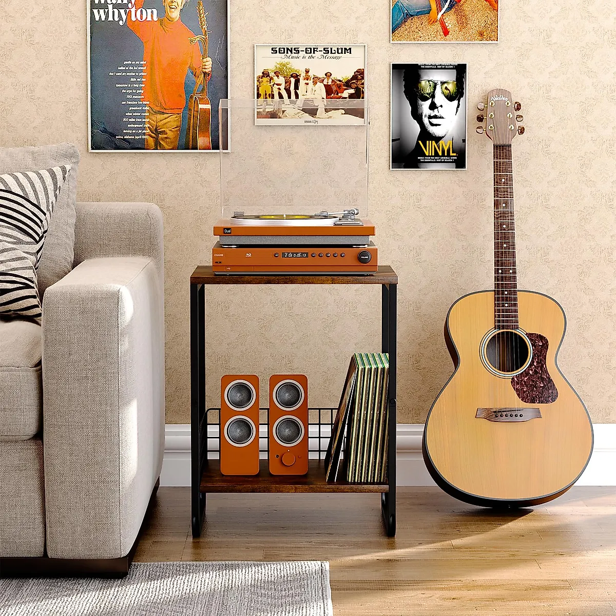 Emfogo Record Player Stand, 2 Tier Record Player Table Turntable Stand with Vinyl Record Album Storage, Retro Nightstand Small End Table for Living Room Bedroom Office(Rustic Brown)