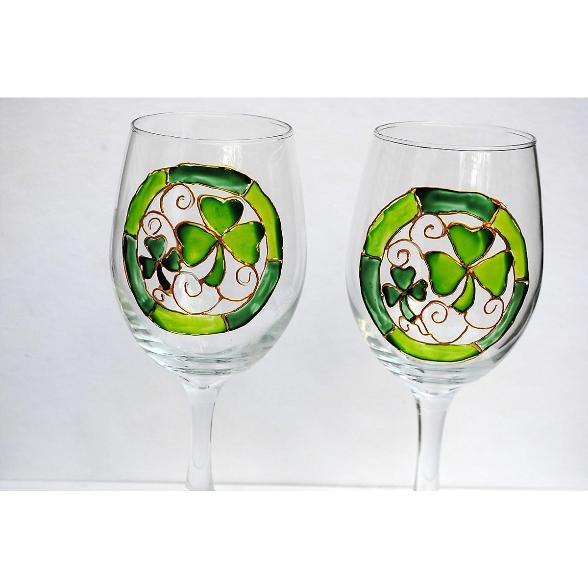 Lucky Green Shamrocks Hand Painted Stemmed Wine Glasses Set of 2