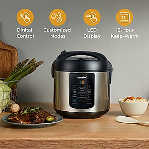 COMFEE’ 6 Quart Pressure Cooker 12-in-1, One Touch Kick-Start Slow Cooker & Rice Cooker, 6-in-1 Stainless Steel Multi Cooker, 2 QT, 8 Cups Cooked(4 Cups Uncooked), Brown Rice, 6 One-Touch Programs