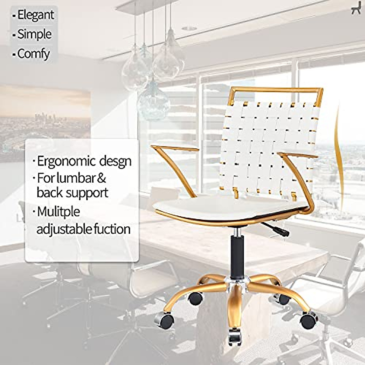 CAROCC Gold Computer Chair Gold Office Chair Desk Chair for Women White and Gold Desk Chair with Wheels and arms Computer White and Gold Desk Chair（3013-GD-white）