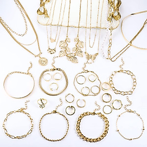 Sanfenly Gold Jewelry Sets for Women Gold Layered Necklaces Chain Bracelets Knuckle Rings Gold Jewelry for Valentine Anniversary Birthday Gift