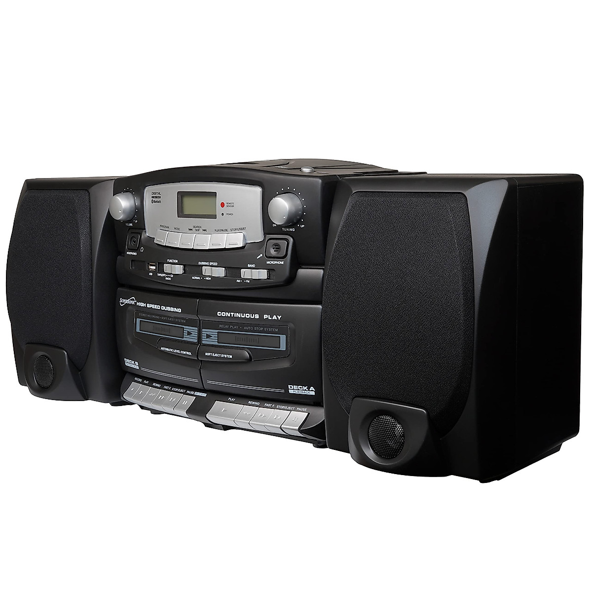 Supersonic Black Edition Vintage Bluetooth Stereo System Home Music Audio System,CD/MP3 Player,AM/FM Radio,Dual Cassette Player/Rec USB inputs,Detachable Speakers,AC/DC,(Remote Included)Matte Black