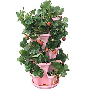 5-Tier Pink Strawberry and Herb Garden Planter - Stackable Gardening Pots with 10 Inch Saucer