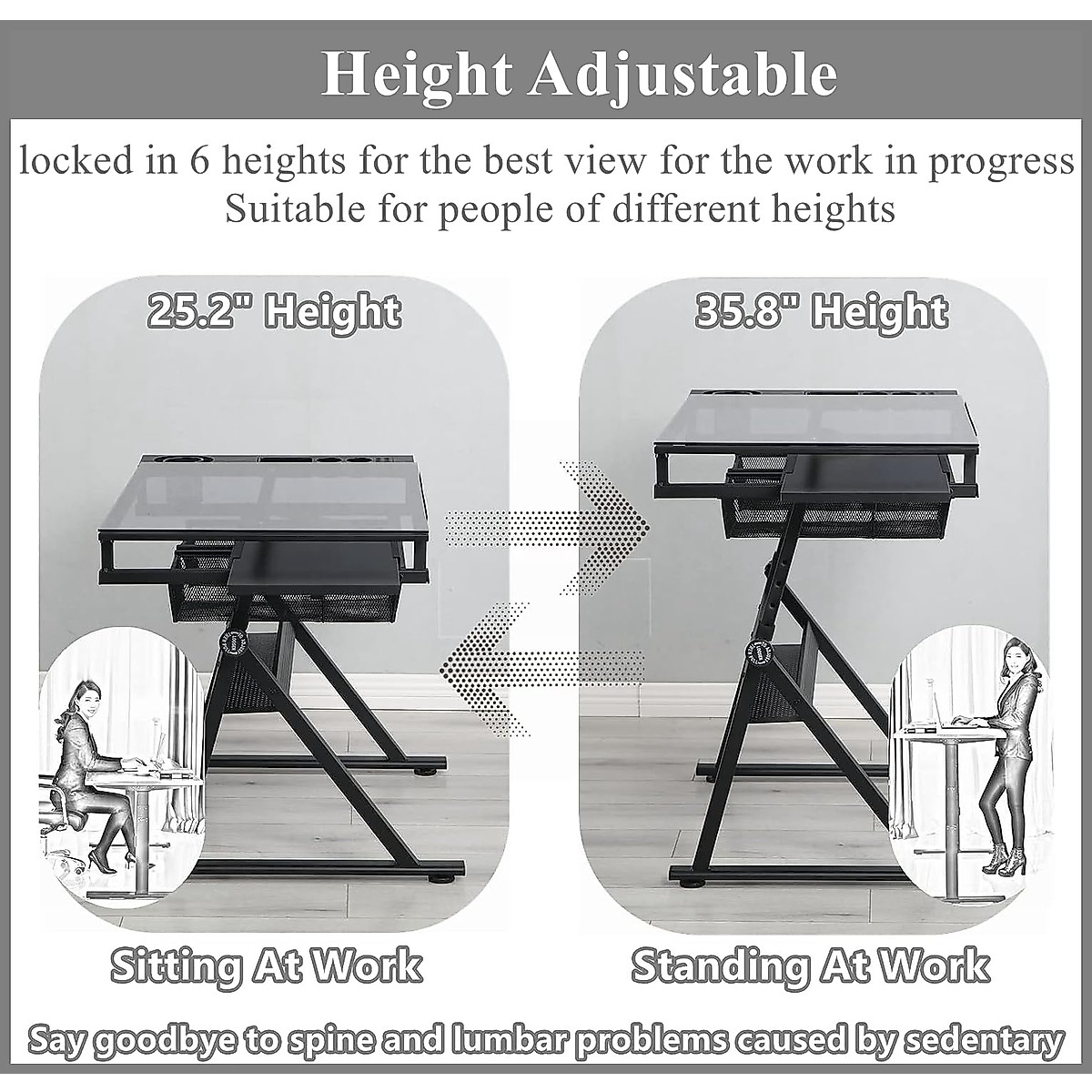 Gagawin Drafting Table with Stool, Height Adjustable Drawing Desk Tempered Glass Art Table Writing Desk with 0-75° Tilting Tabletop for Home Office, No.1-Black