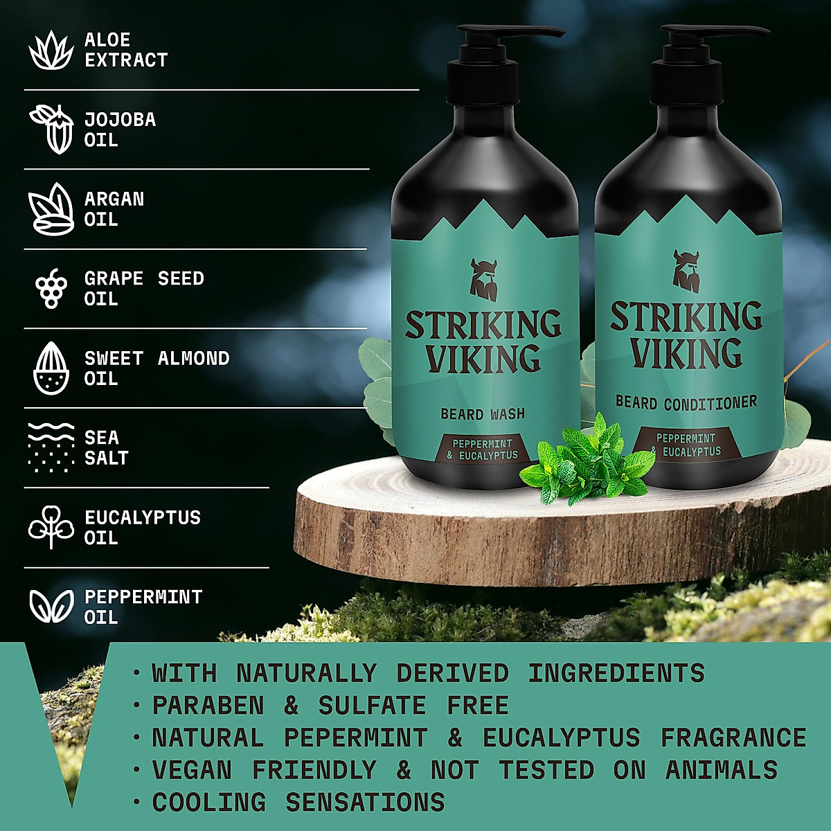Striking Viking Beard Wash and Conditioner (Peppermint & Eucalyptus) - Paraben & Sulfate Free Beard Shampoo & Beard Conditioner For Men with Jojoba Oil - Care For All Beard Types (10oz Per Bottle)