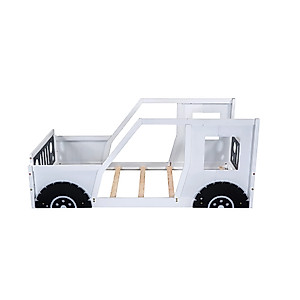 Car Bed Twin Size Montessori Floor Bed Frame with Fence and Door, Car-Shaped Platform Bed with Wheels,Solid Wood Twin Bed for Kids Boys Girls, No Box Spring Needed (Twin Size, White)