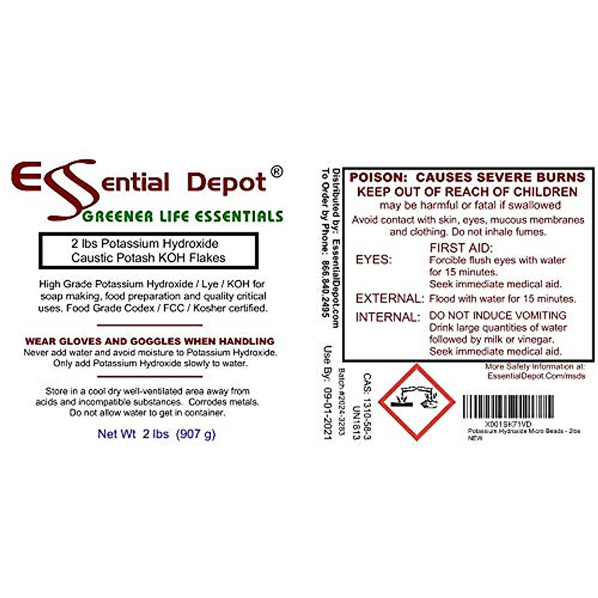 Potassium Hydroxide Flakes KOH, 2 lbs Caustic Potash Anhydrous KOH Dry Electrolyte - HDPE Container with resealable Child Resistant Cap