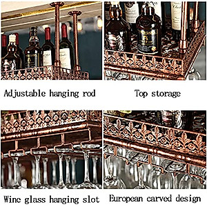 LAJUU Wine Racks,European Pattern,Hanging Wine Glass Rack,Vintage Wine Shelf Wine Bottle Holder,Rustic Wine Holder Stemware Holder Adjustable Height for Living Room Restaurants Bars/Black/100 * 35Cm