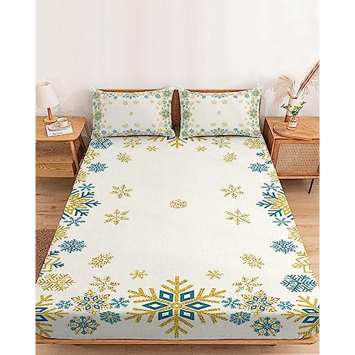 Twin Size Fitted Sheet Bed Set Christmas Abstract Snowflake Texture Deep Pocket Soft Bottom Sheets&Pillowcases for Bedroom Decor Gold Blue Snow Flower on Flax,Fits Mattress Up to 16" Deep