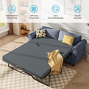 Mjkone Pull Out Sofa Bed, 2-in-1 Sleeper Sofa Couch with Full Foldable Memory Foam Mattress and Nailhead Armrest for Living Room Home Apartment, Dark Grey