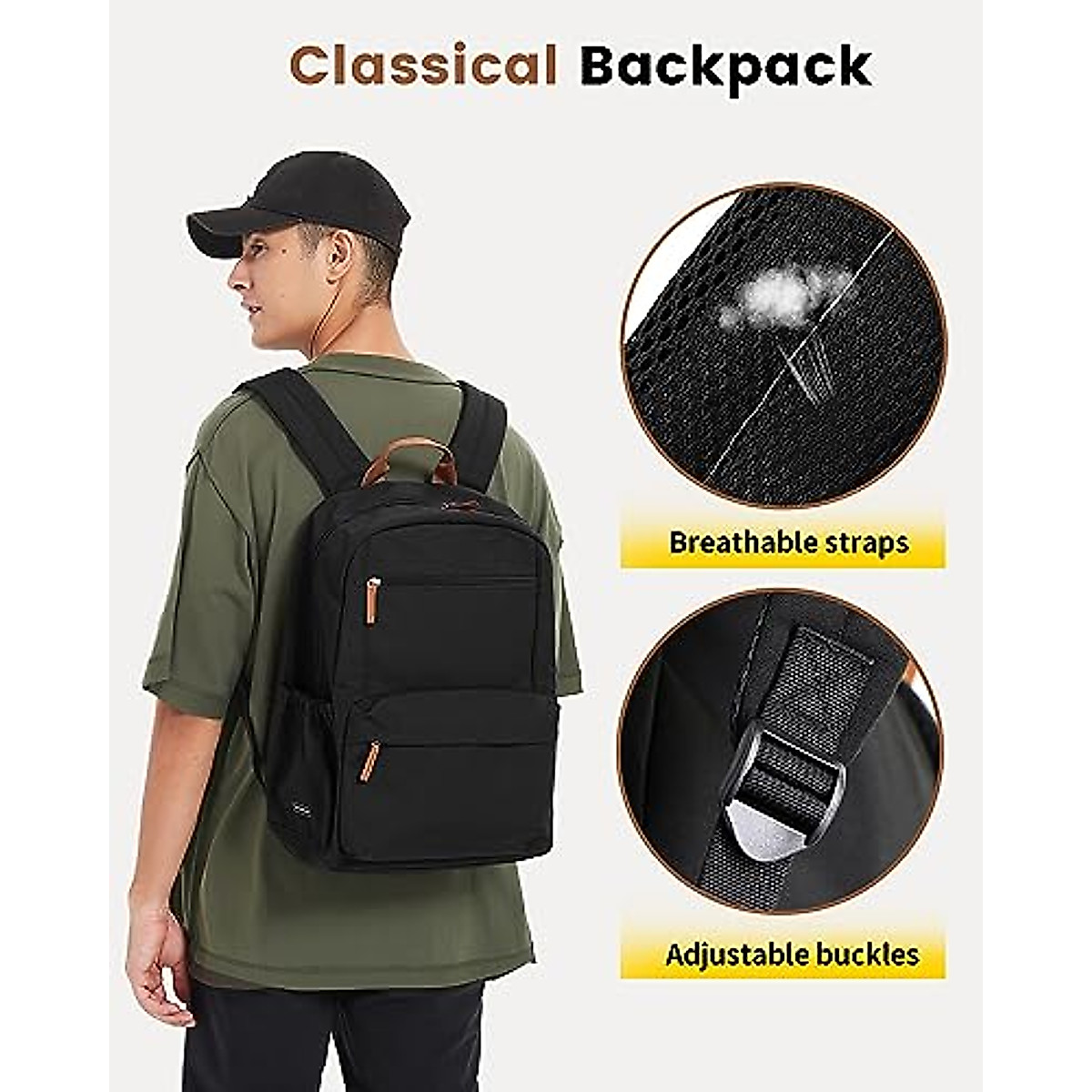 Vorspack Backpack for Men and Women - Lightweight Backpack Classical Basic Bookbag with Multi-pockets Casual Daypack for College Workplace Travel - Black