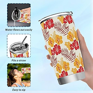Tropical Style Flower Leaves Yellow and Red Stainless Steel car cup with Lid and Straw mug for hot drinks for hot and cold drinks leakproof flip straw tumbler 20 OZ