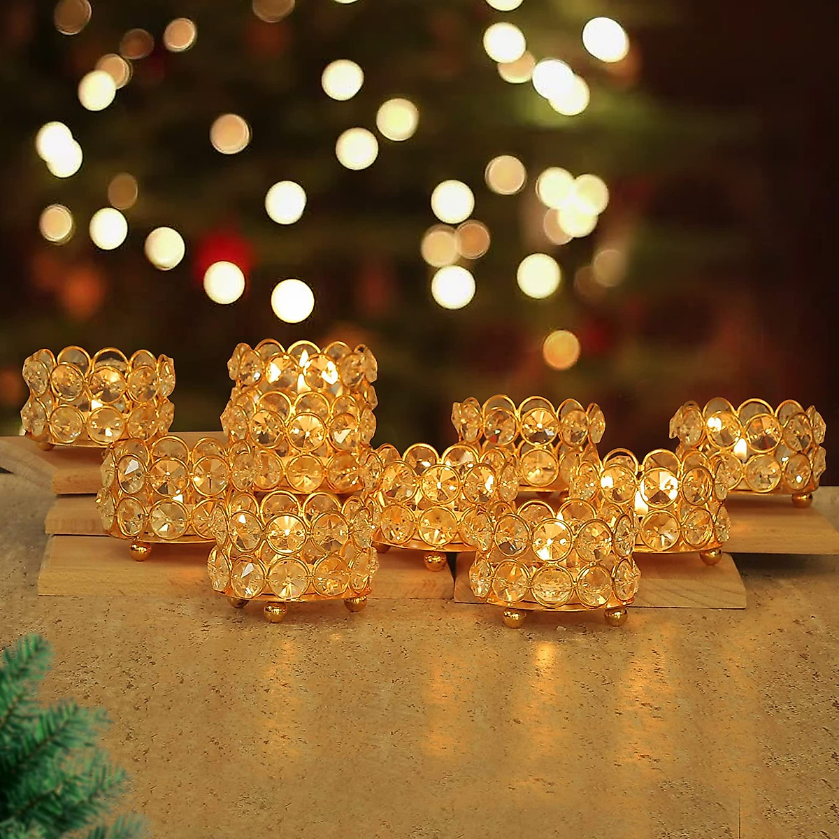 TIED RIBBONS 10 Pcs Crystal Tealight Candle Holders | Metal Rim, Golden | 2 Inch | Votive Tealights Holder | Crystal Glass Candle Holder for Table Centerpiece, Wedding, Housewarming, Anniversary