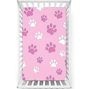 Dog Paws Themed Fitted Crib Sheet,Standard Crib Mattress Fitted Sheet Soft Toddler Mattress Sheet Fitted -Crib Mattress Sheet or Toddler Bed Sheet,52“ x28“,Baby Pink Pink and White