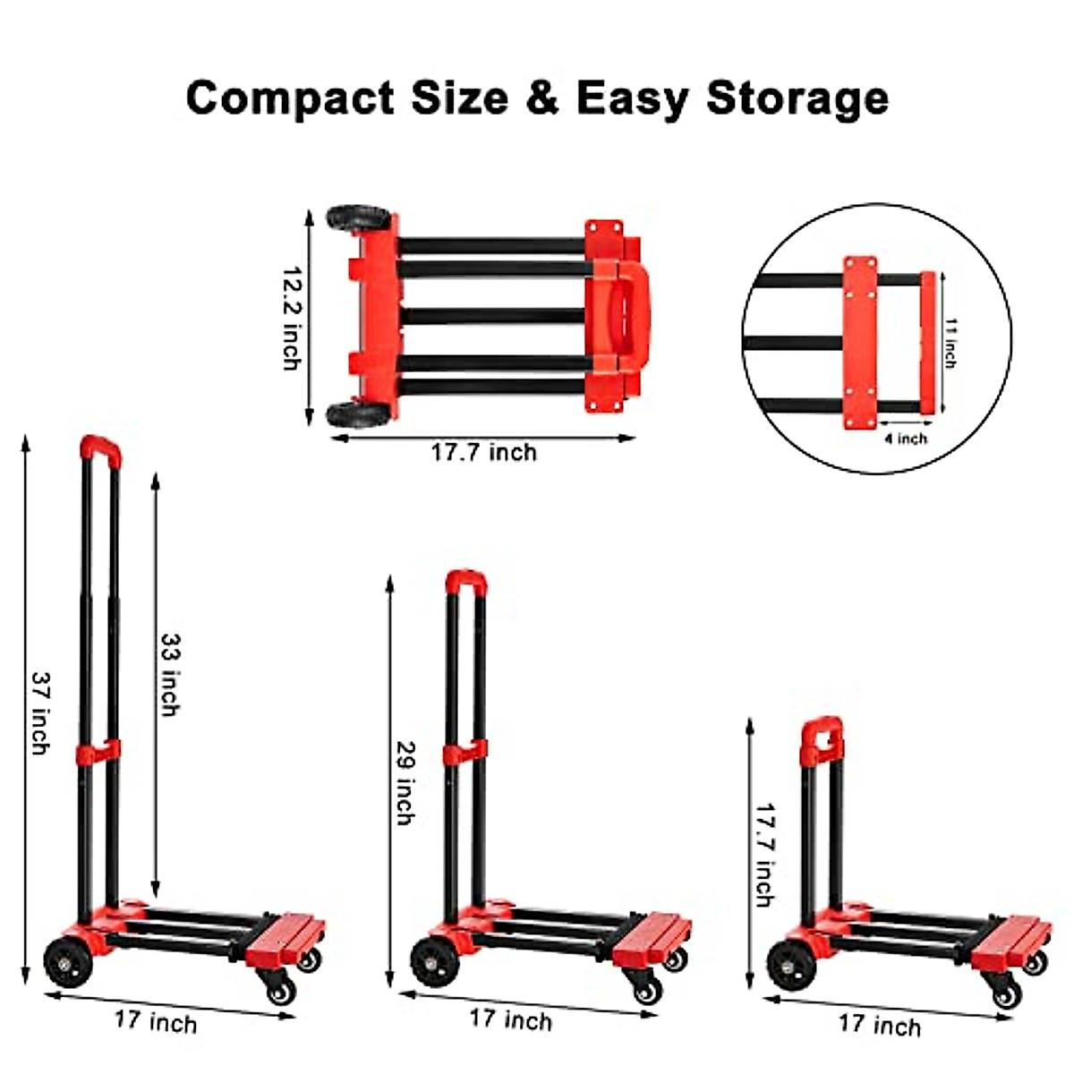 KEDSUM Folding Hand Truck, 290 lbs, 4 Wheels Solid Construction Heavy Duty Utility Cart, Portable Fold Up Dolly, Compact and Lightweight for Luggage, Personal, Travel, Moving and Office Use(Red)
