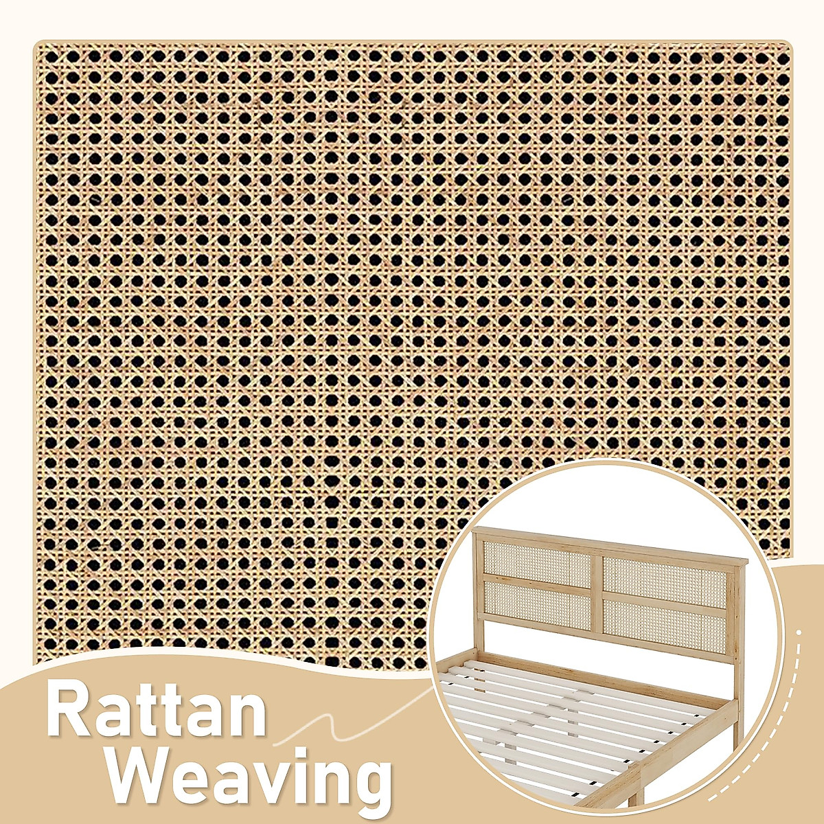 Queen Size Bed Frame with Rattan Headboard,Solid Wood Platform Bed with Strong Wooden Slats,Queen Bedframe,No Box Spring Needed, Natural