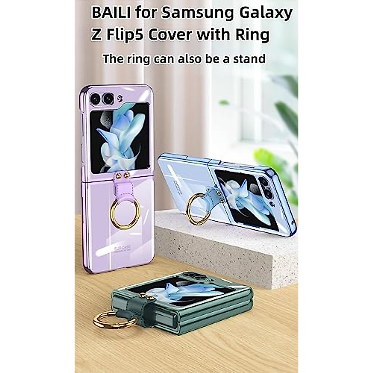 BAILI for Samsung Galaxy Z Flip5 Cover with Ring,Crystal Hard PC Galaxy Z Flip 5 Case with Small Screen HD Explosion-Proof Glass Film Transparent Cover for Samsung Galaxy Z Flip5-Purple