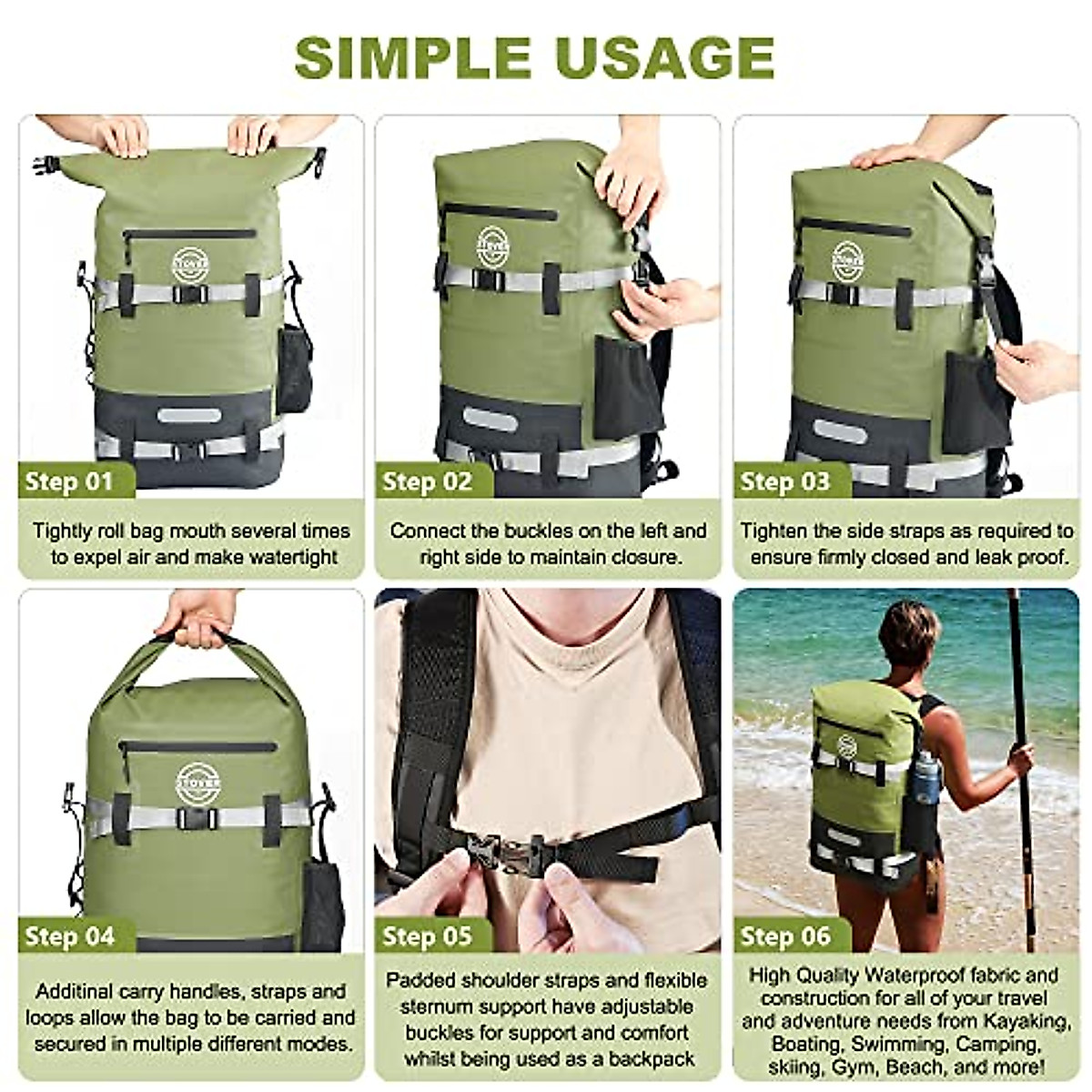 STOVER Waterproof Dry Bag Backpack 35L for Kayaking, Heavy Duty Roll-Top Closure Floating Bag with Front Pocket and Reflective Strip for Outdoor Water Activities (Green)
