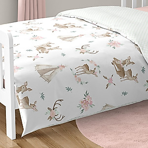 Sweet Jojo Designs Blush Pink, Mint Green and White Boho Watercolor Woodland Deer Floral Girl Toddler Kid Childrens Bedding Set - 5 Pieces Comforter, Sham and Sheets