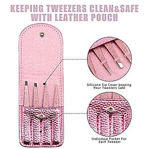 Tweezers Set 4-piece,Professional Stainless Steel Slant Tip and Pointed Craft Tweezers with Leather Case-Precision for Eyebrows,Ingrown Hair,Facial Hair,Blackhead and Lash Extension (Rose Gold)