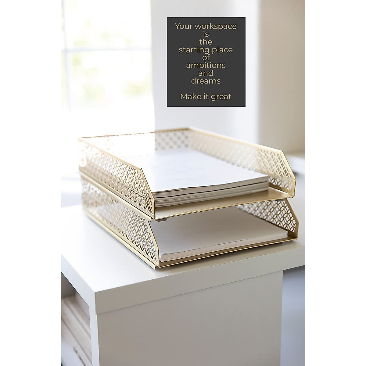 Blu Monaco Gold Desk Organizer Stackable Paper Tray Set of 2 - Metal Two Tier Tray - Stackable Letter Tray - Inbox Tray for Desk