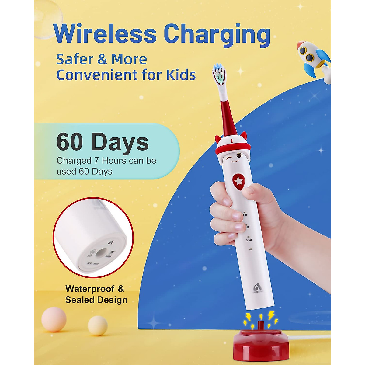 JTF Kids Electric Toothbrush-for Ages 3-12, Rechargeable Electric Toothbrushes, Wireless Fast Charge & Long Battery Lasting for 60 Days,with Smart Timer 3 Modes & 2 Kids Size Brush Heads, Red…