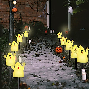 Threan 10 Pcs Halloween Pathway Light Decorations Solar Stake Lights LED White Light Decorative Solar Operated Stake String Lights IP44 Waterproof Outdoor for Yard Garden(Classic Ghost)