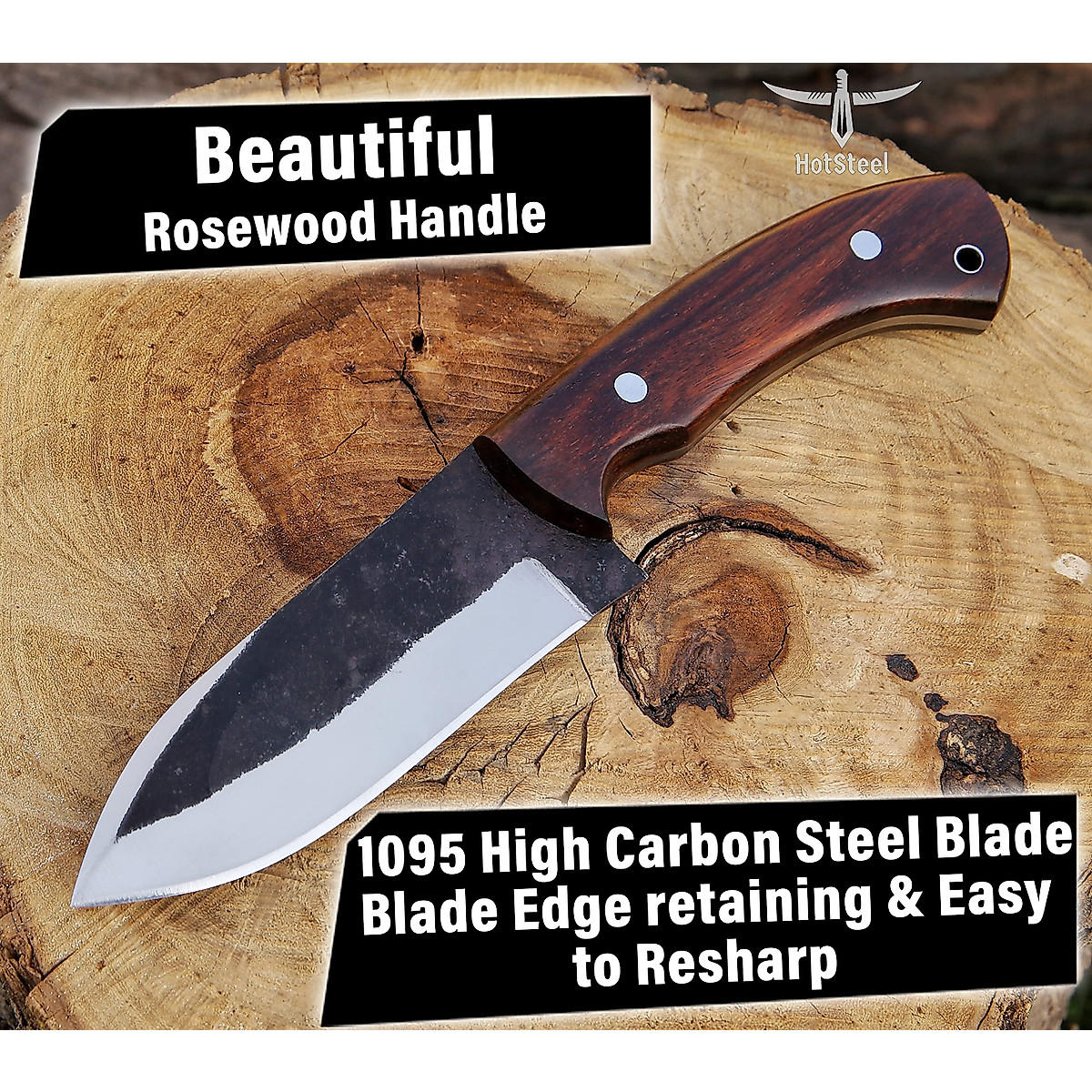 High Carbon Steel Knife - Handmade Full Tang Bushcraft Knife - Hunting Knife, Survival Knife, Fixed Blade Knife & Camping Knife - Camping Knives & Hunting Knives with Rosewood Handle & leather Sheath