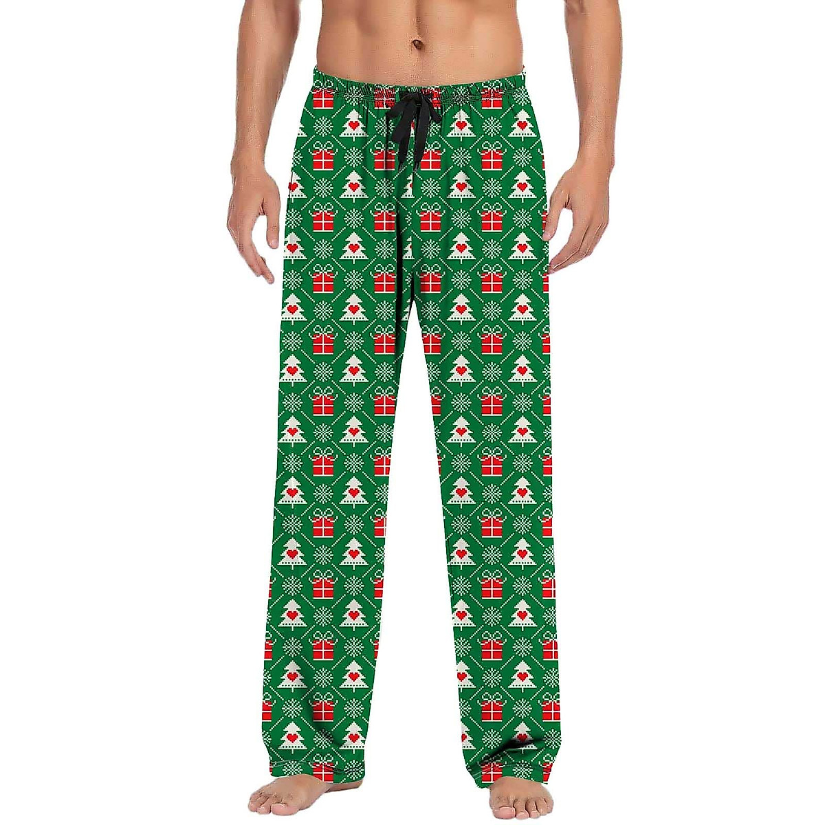Christmas Pajamas for Men Long Pants Funny Tree Snowflake Print Pajama Bottoms Drawstring Elastic Lightweight Soft Sleepwear (A7-Green,X-Large)