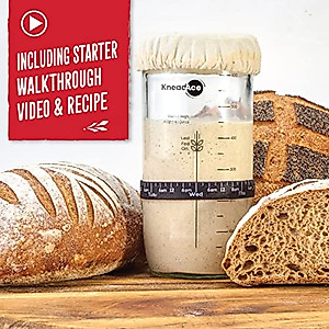 KneadAce Sourdough Starter Jar With Date Marked Feeding Band, Thermometer, Sourdough Jar Scraper, Sourdough Container Sewn Cloth Cover & Metal Lid, Sourdough Starter Kit For Sourdough Bread Baking