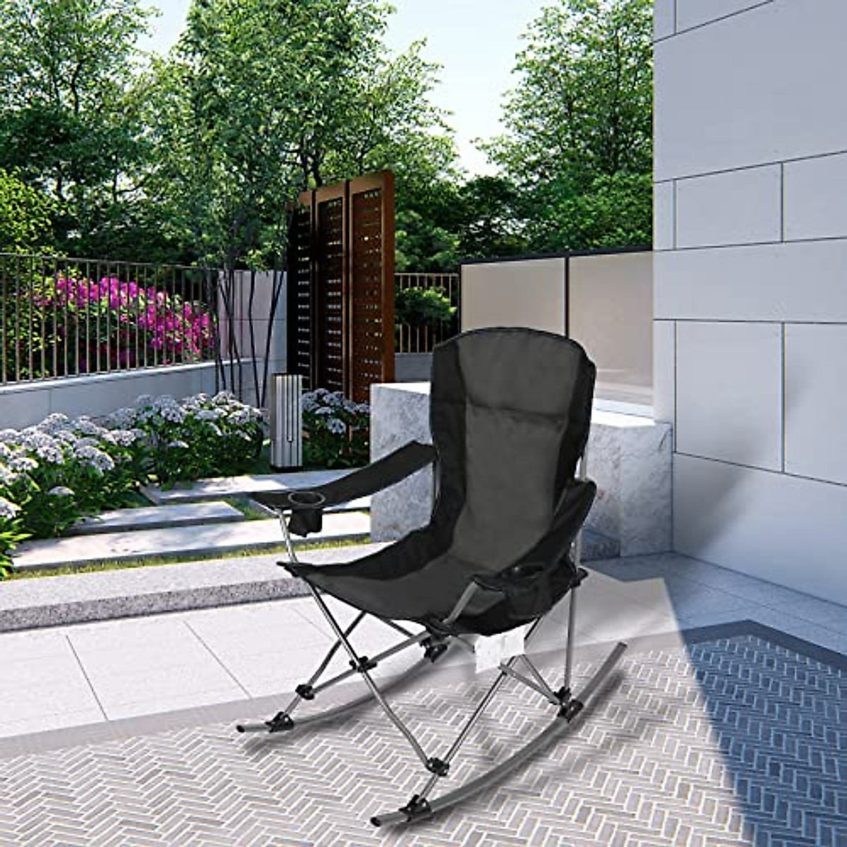 Varbucamp Camping Rocking Chair Outdoor, Folding Heavy Duty Rocker Patio Lawn Chair with High Back, Portable for Indoor Outside Garden, Black Padded Back