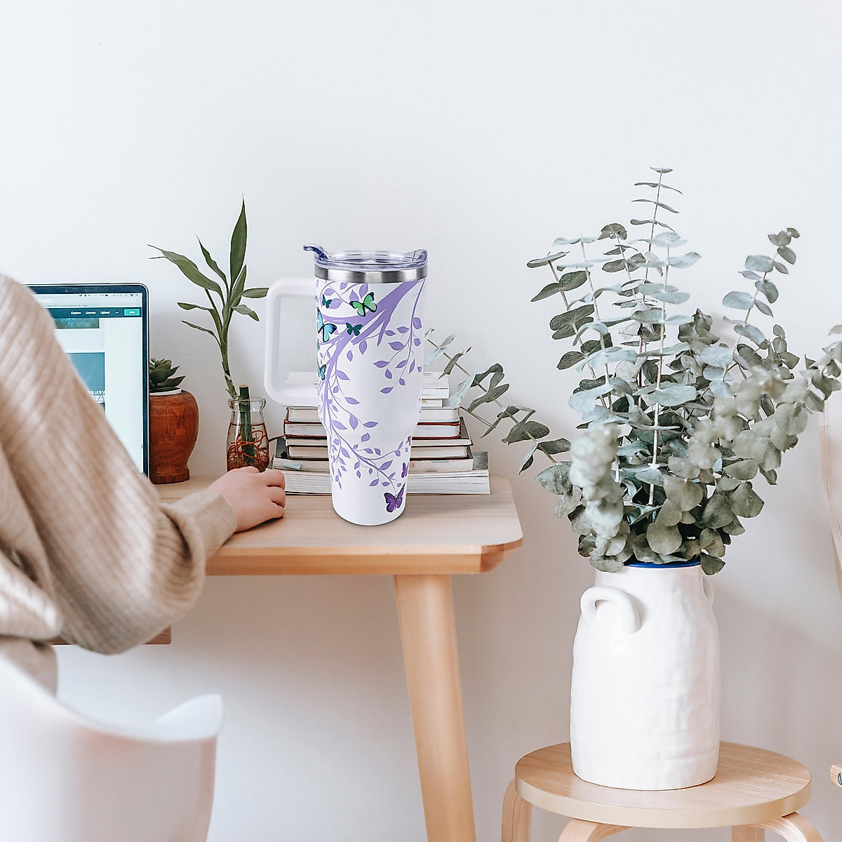 PERRIFIC Butterfly Tumbler 40 oz Tumbler with Handle and Straw Lid Leak Proof - Butterfly Coffee Travel Mug with Handle Insulated for Hot and Cold Drink Ice - Mothers Day Birthday Gifts for Women Cup