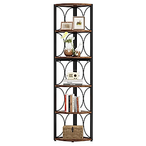 Tribesigns 67 inch Tall Corner Shelf, 6 Tier Rustic Corner Bookshelf Bookcase Storage Rack Standing Shelving Unit for Living Room, Small Space