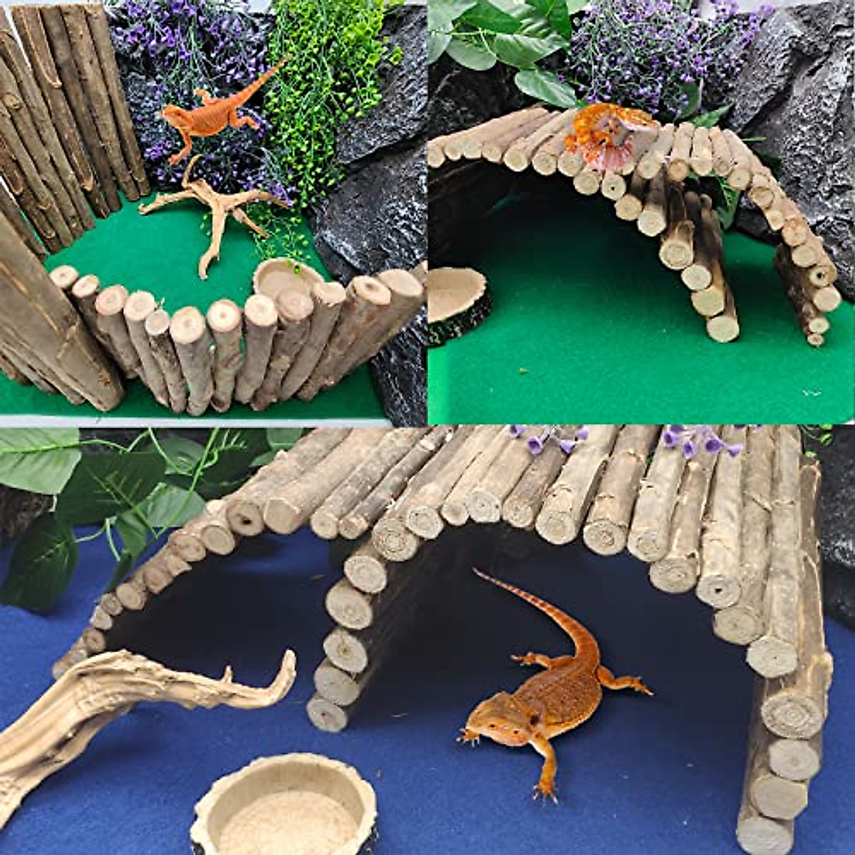 Hamiledyi Large Reptile Hideout Wood Bridge Ladder Hiding Hut Bearded Dragon Hammock Lizards Habitat Decor Climbing Accessories Tortoise Hide Cave Toy for Gecko Snake Chameleon Gecko Iguana