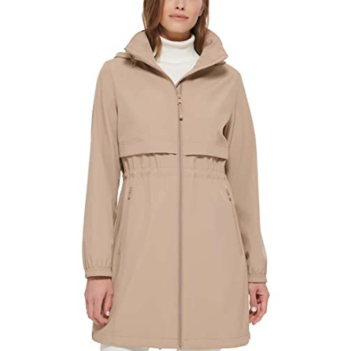 Calvin Klein Women's Water Resistant Adjustable Waist Hooded Back Logo Detail Anorak, Khaki Medium