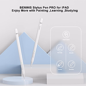 Shortcut Smart Button Stylus Pen for iPad Apple Pencil 1st 2nd Generation,BENWIS Pro 3X Fast Charge Apple Pencil Work for 2018-2023 iPad 6/7/8/9/10, iPad Mini 5/6, iPad Air 3/4/5, iPad Pro 11"/12.9"