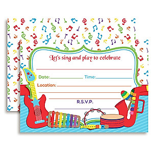 Musical Instruments Sing and Play Themed Birthday Party Invitations, 20 5x7 Fill In Cards with Twenty White Envelopes by AmandaCreation