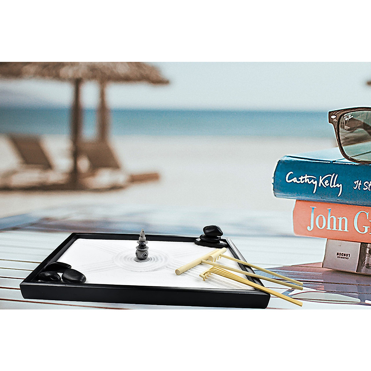 Artcome Japanese Zen Sand Garden for Desk with Rake, Stand, Rocks and Mini Furnishing Articles - Office Table Accessories, Mini Zen Sand Garden Kit - Meditation Gifts