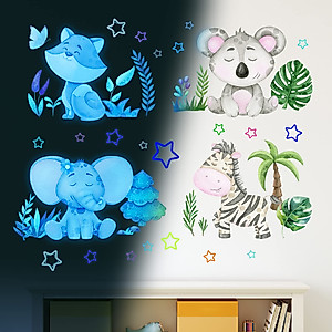 Safari Animal Wall Decals Glow in The Dark Wall Decals Jungle Zoo Wall Stickers Peel and Stick Cartoon Forest Animals Fox Bear Elephant Zebra Decal for Kids Boys Girls Nursery Bedroom Playroom Decor