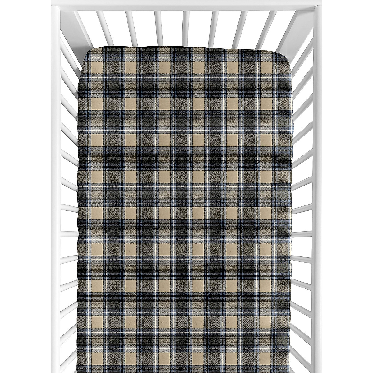 Sweet Jojo Designs Blue and Tan Woodland Plaid Flannel Baby or Toddler Fitted Crib Sheet for Rustic Patch Collection