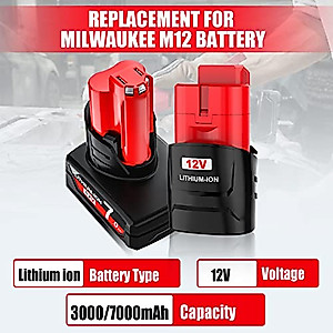 Bonacell 2 Pack Replacement for Milwaukee 12V Battery 3.0Ah and 7.0Ah Lithium Battery Packs Compatible with Milwaukee M12 Battery and Charger Kit