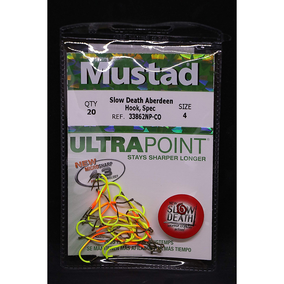 Mustad Slow Death Aberdeen Hook, Special Bent Shank, 4, Chartreuse Orange