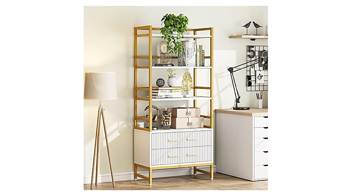 Tribesigns 65” Tall Ladder Shelf Bookcase with Drawers