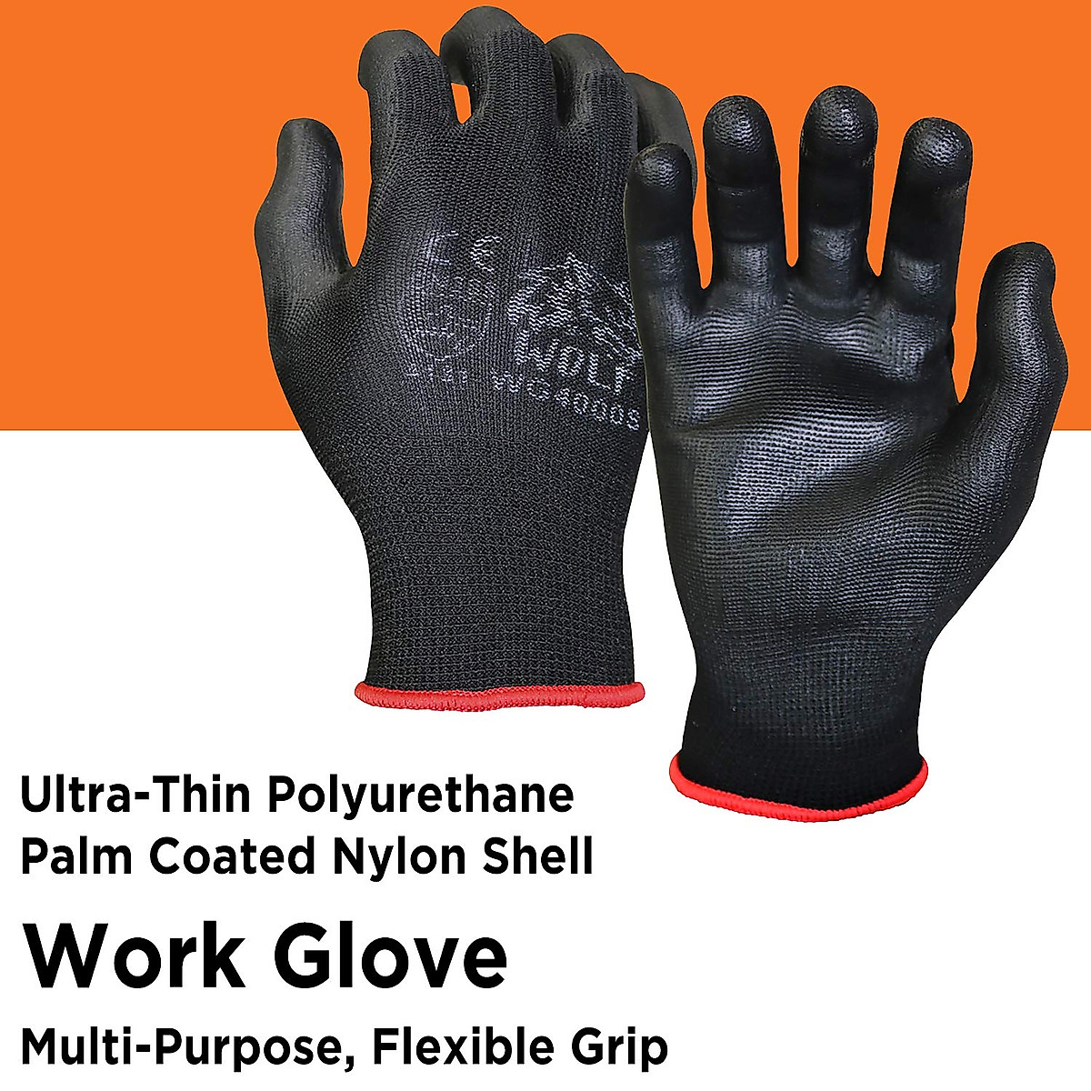 WOLF Polyurethane Palm Coated Nylon Shell Work Gloves, Construction, Mechanic, Warehouse, Yard Work, Gardening Medium (Pack of 12)