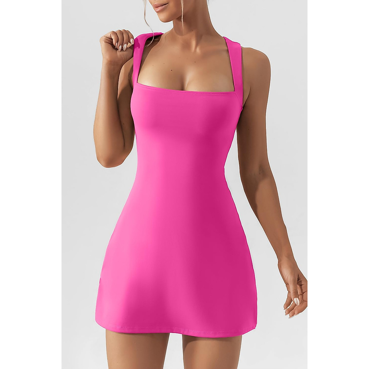 QINSEN Woman's Square Neck Double Lined Bodice Dress Soft Flare Mini Dress Azalea L