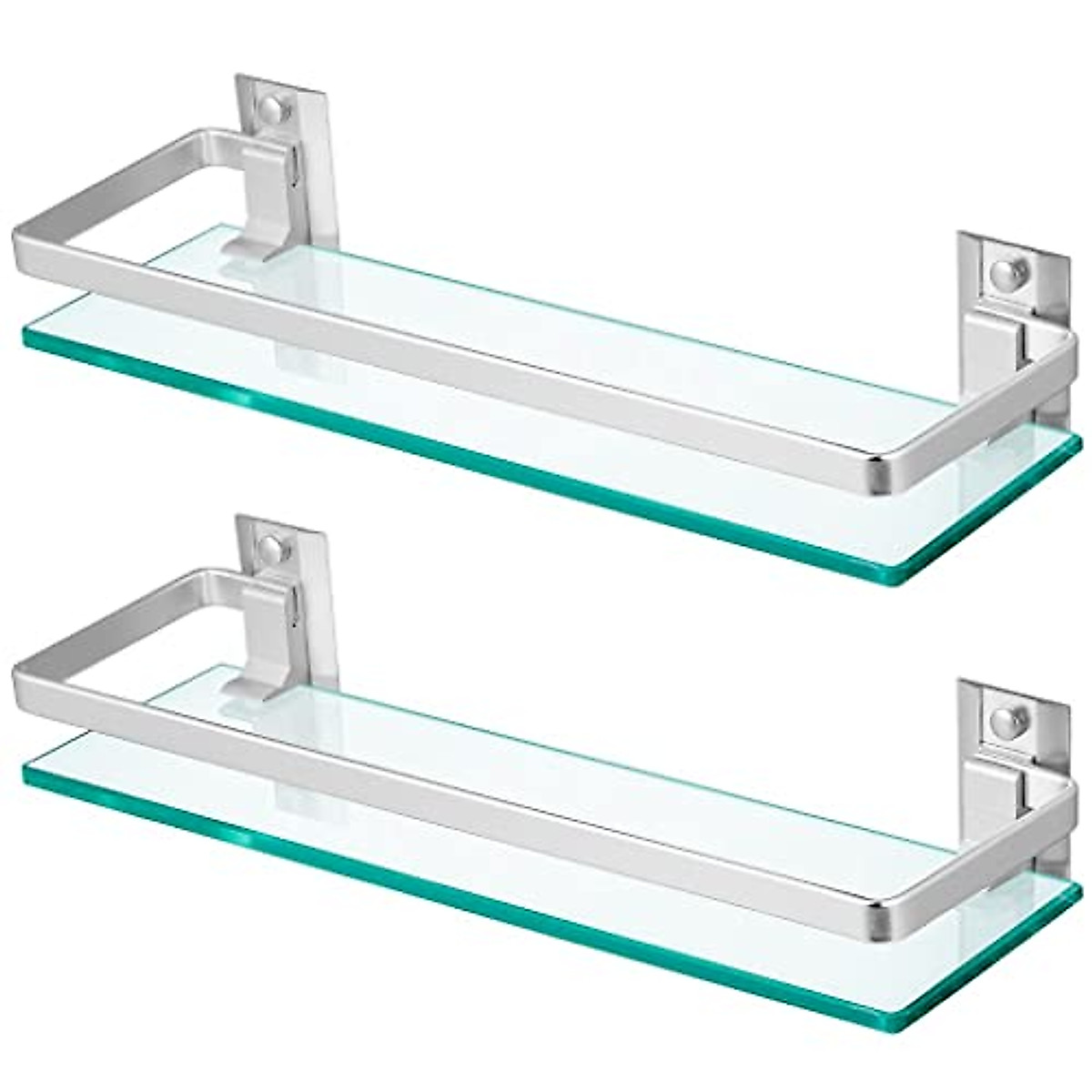 Sanbege 2-Pack Tempered Glass Bathroom Shelf with Rail, 15" x 4.5" Rectangular Shower Caddy, Wall Mounted Floating Shampoo Holder for Lavatory, Kitchen, Living Room